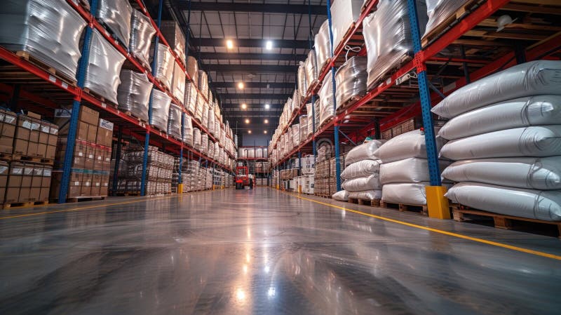 White Bags and High Storage Racks in Large Warehouse Stock Illustration ...