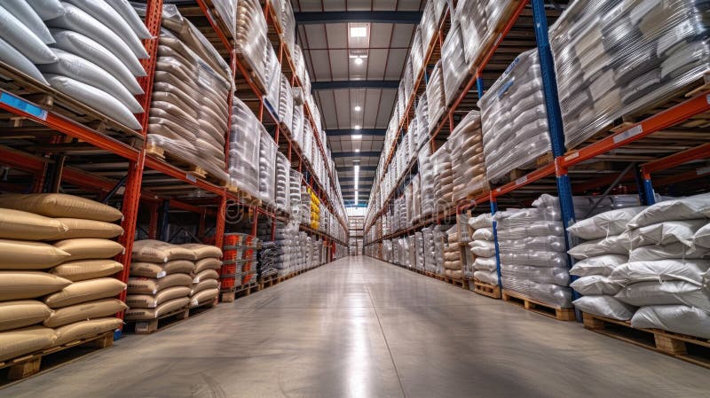 White Bags and High Storage Racks in Large Warehouse Stock Illustration ...