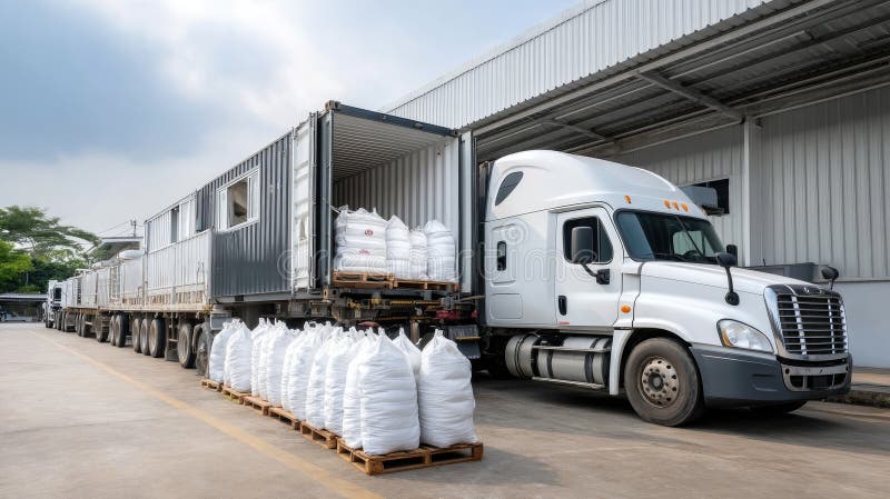 White Bags of Raw Rice are Being Loaded into Large Containers Using ...