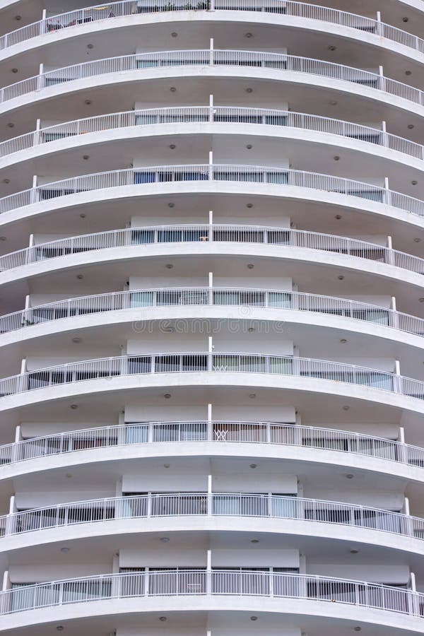 White Balcony of Hotel Exterior a Modern Circular Building of and Glass ...