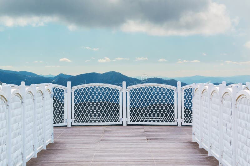 White Balcony with Perspective Wood Floor on Sky Background Stock Photo ...