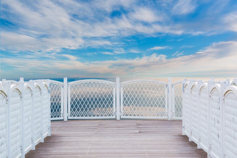 White Balcony with Perspective Wood Floor on Sky Background Stock Photo ...