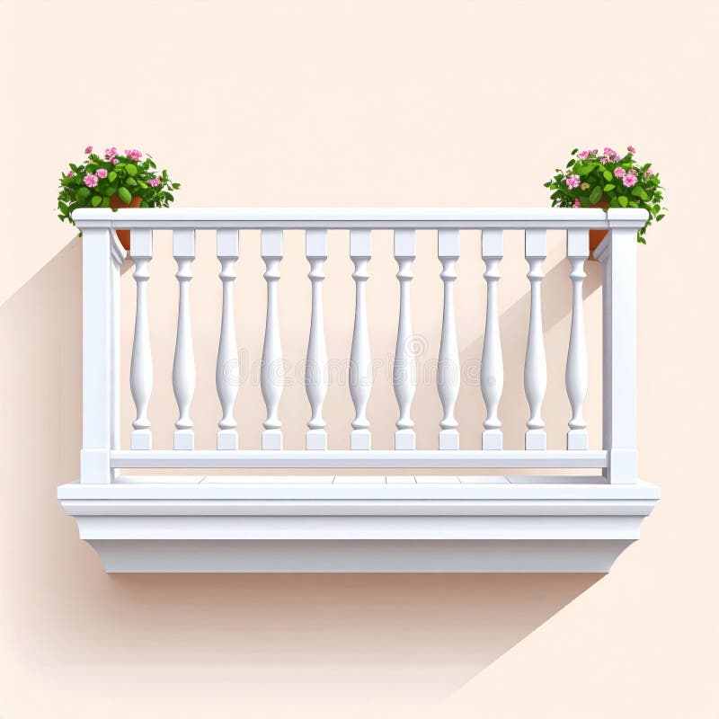 White Balcony with Pink Flowers and Balustrade Stock Illustration ...