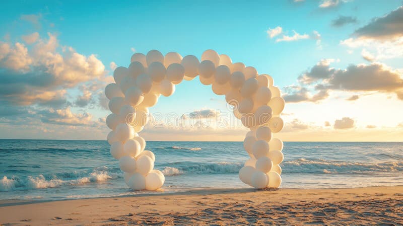 White Balloon Arch on a Sandy Beach at Sunset Stock Illustration ...