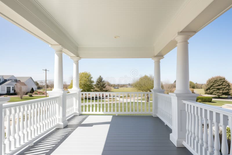 White Balustrade on the Veranda of a Shingle Style Coastal Home Stock ...