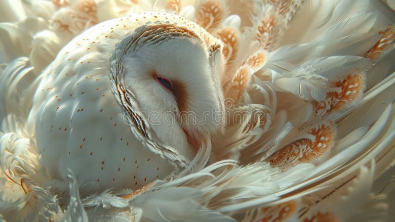 A White Barn Owl with Red Eyes is Nestled in Its Feathers, Creating a ...