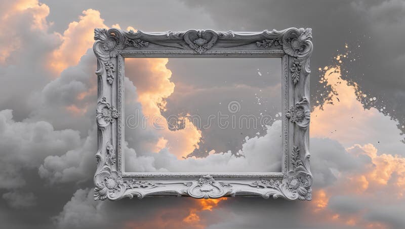 White Baroque Frame Framing a Cloudy Sky at Sunset Stock Illustration ...
