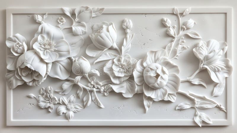 White Bas-relief of Flowers on Framed Panel. 3D Wall Art and Floral ...