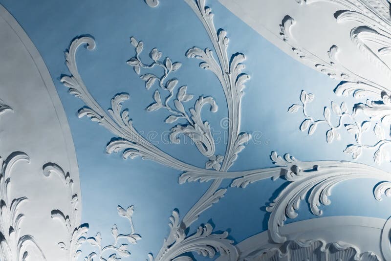 White Bas-relief Over Blue Ceiling Background, Wall Design Gypsum ...