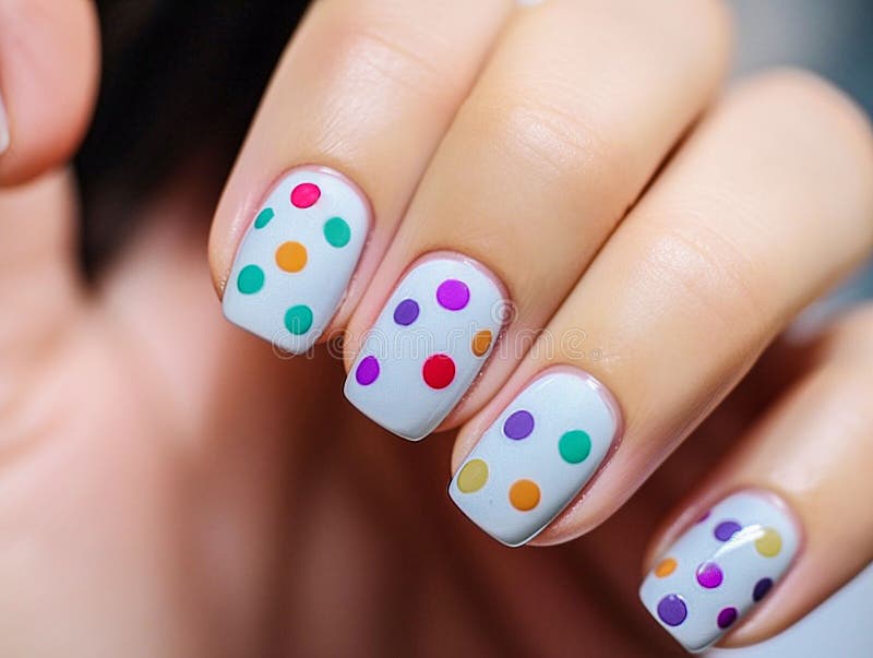 White Base Manicure and a Cascade of Smail Colore Stock Image - Image ...