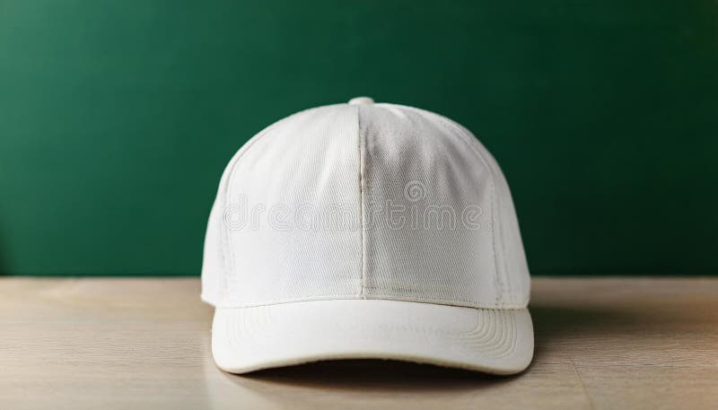 White Baseball Cap Mock-up, Front View on Table. Dark Green Backdrop ...