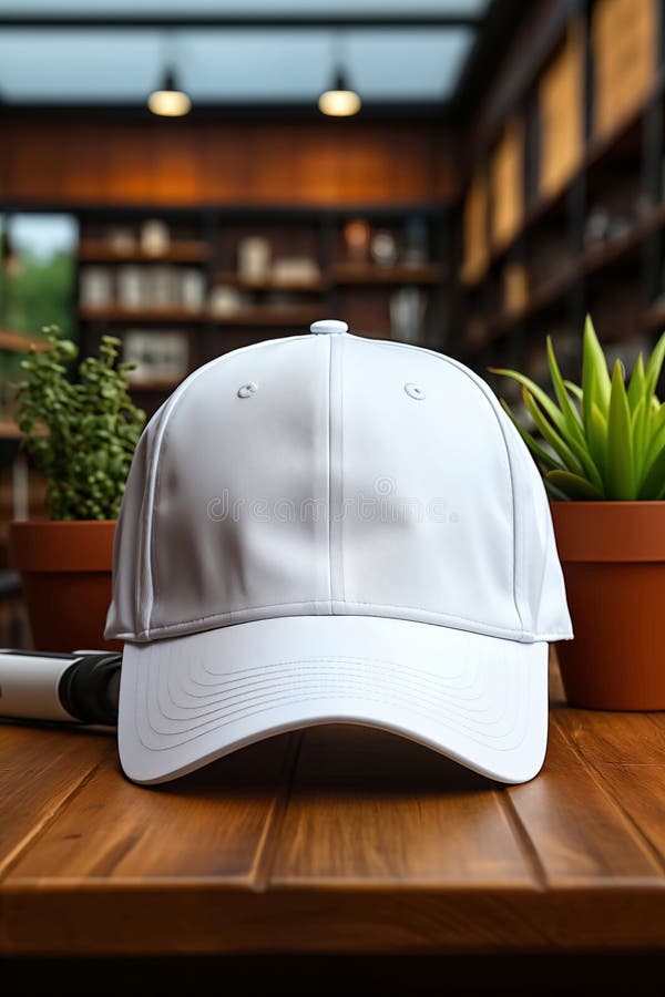 White Baseball Cap Mockup on a Wooden Table in the Office. Front View ...
