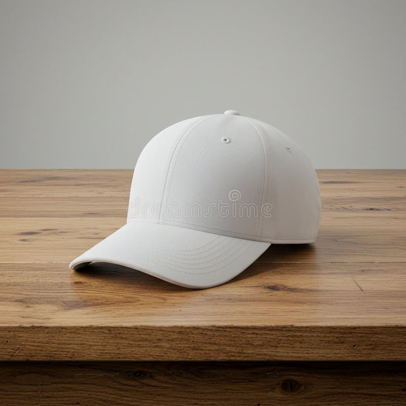 White Baseball Cap Resting on a Wooden Surface. the Cap Features a ...