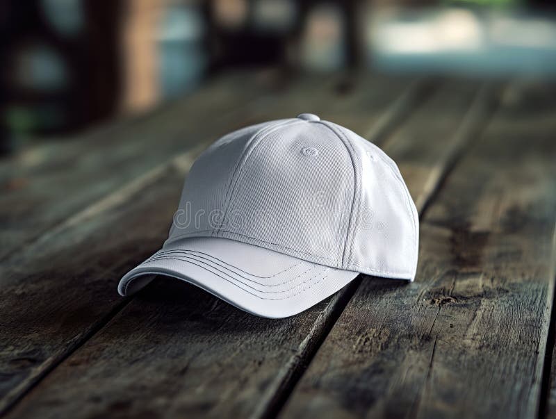 A White Baseball Cap Sitting on Top of a Wooden Table Stock Photo ...