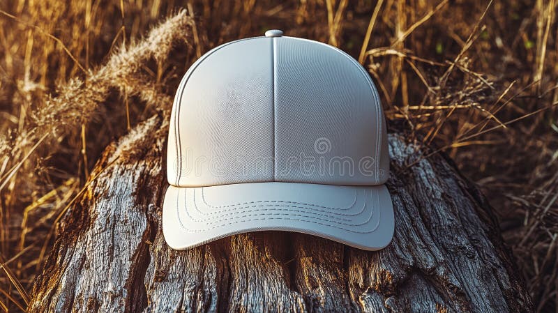 White Baseball Cap on Tree Stump in Golden Hour, Rustic Nature Backdrop ...