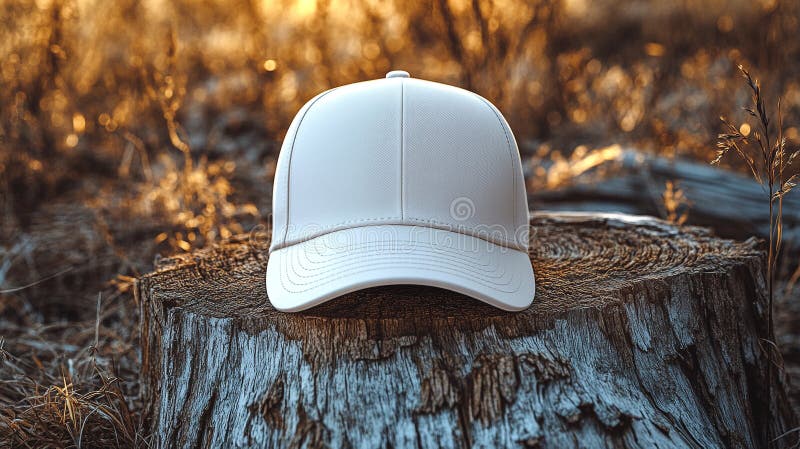 White Baseball Cap on Tree Stump in Golden Hour, Rustic Nature Backdrop ...