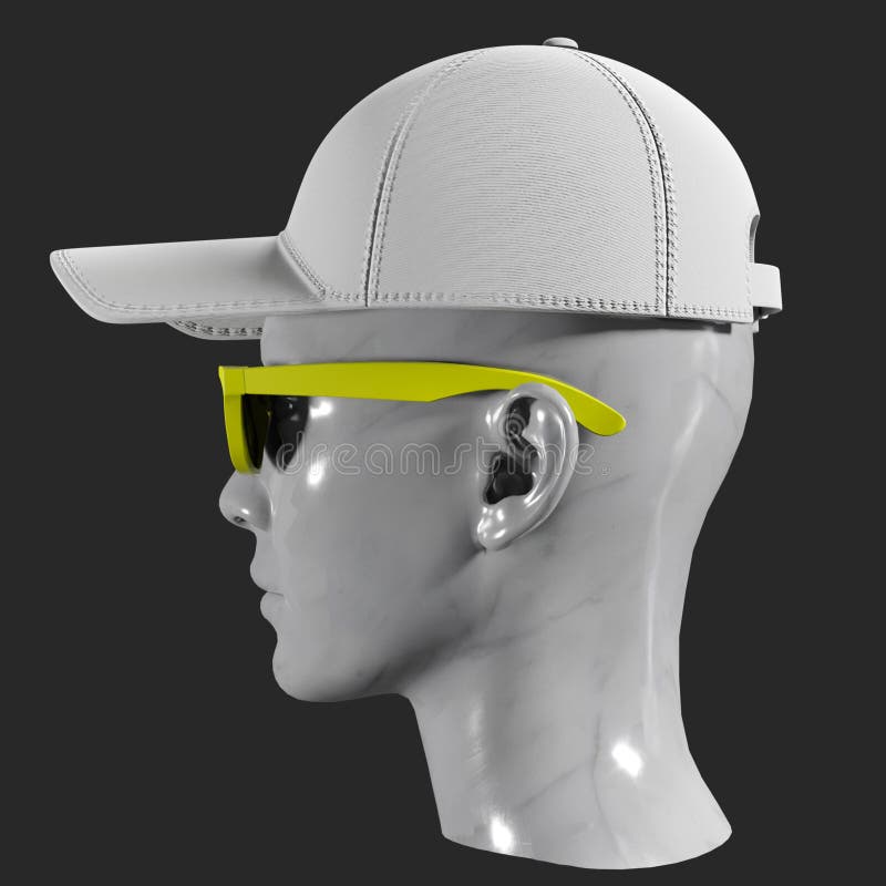 White Baseball Caps Mockup and Sunglasses are Worn on a Marble Mannequin, Side View, Clipping ...