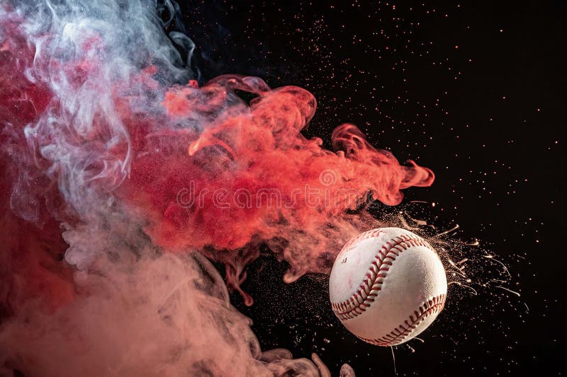 White Baseball in Multi-Colored Red Smoke from Vape with Water Drops ...