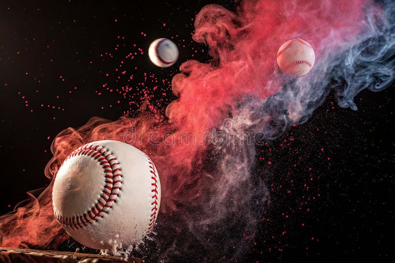 White Baseball in Multi-Colored Red Smoke from Vape with Water Drops ...