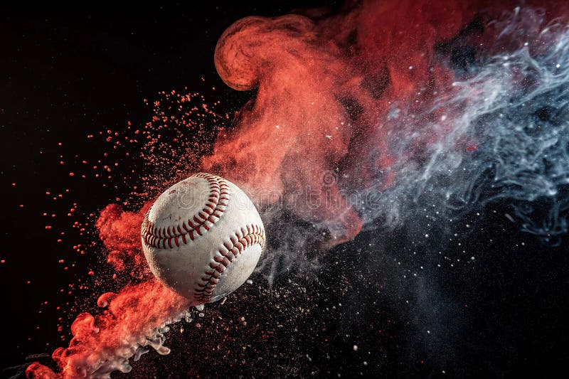 White Baseball in Multi-Colored Red Smoke from Vape with Water Drops ...