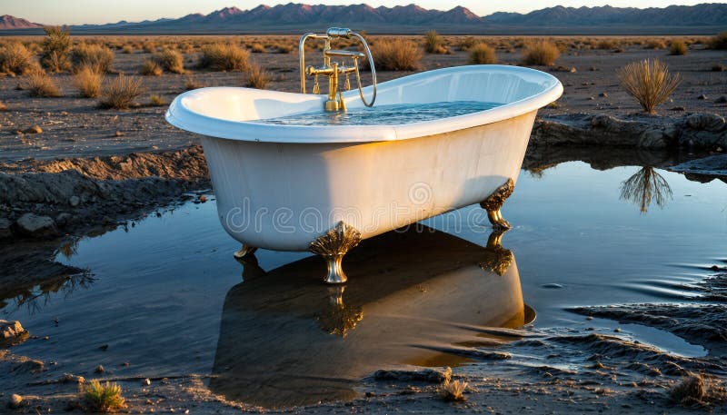 White Bath in a Puddle in the Middle of the Desert at Sunset Stock ...