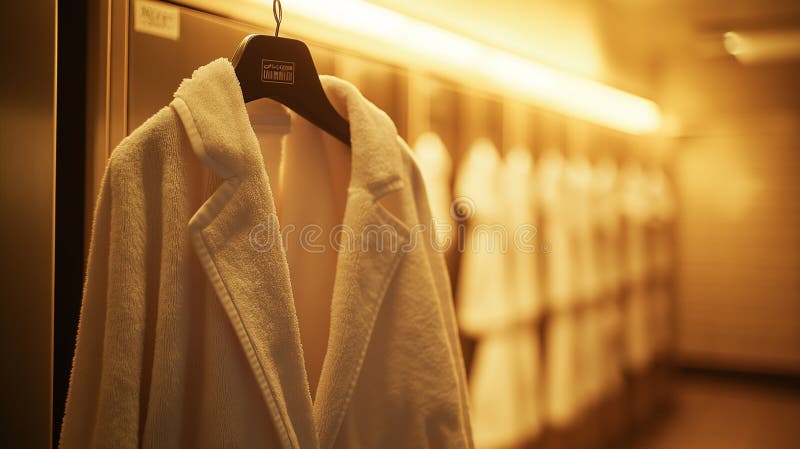 White Bathrobe Hanging in a Locker Room Stock Photo - Image of rack ...