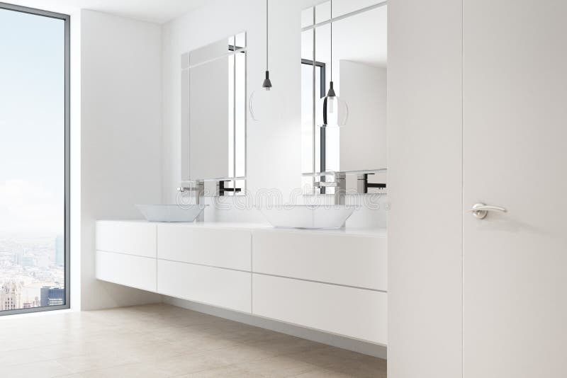 White Bathroom Interior, Double Sink, Side Stock Illustration ...