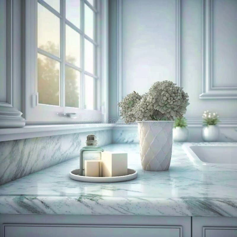 White Bathroom Interior. Empty Marble Table Top, Generative AI Stock ...