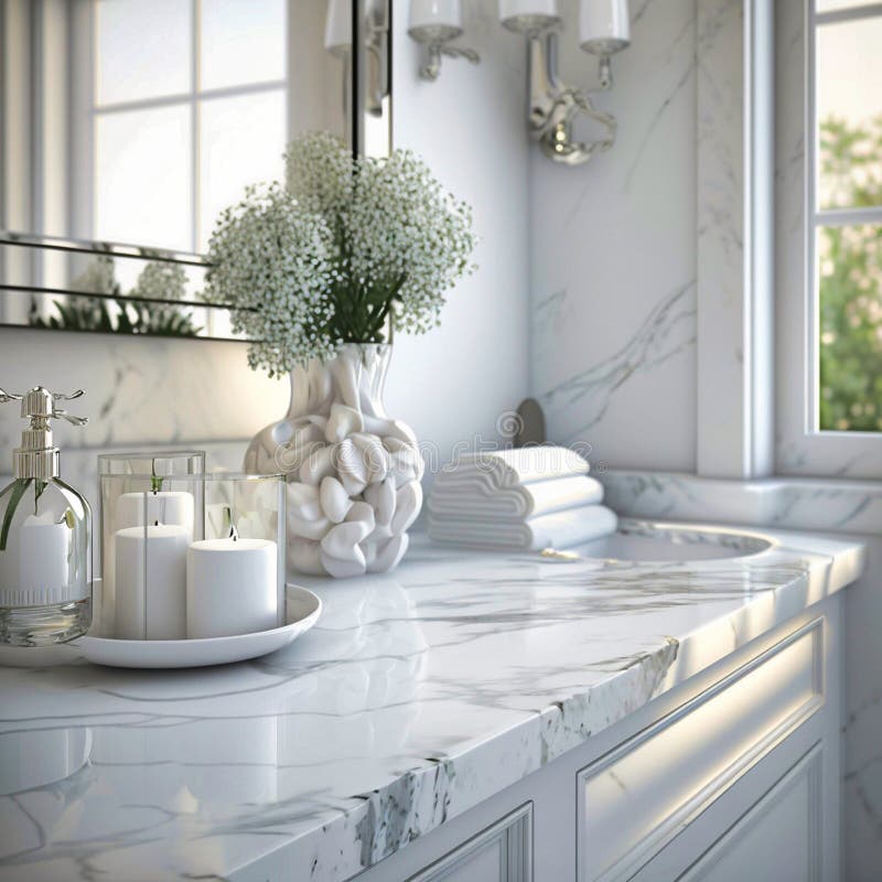 White Bathroom Interior. Empty Marble Table Top, Generative AI Stock ...
