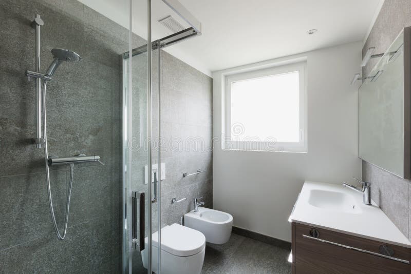 White bathroom with shower stock image. Image of indoor - 75845987