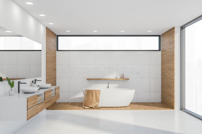 White Bathtub in Panoramic White Bathroom Interior with Narrow Window ...
