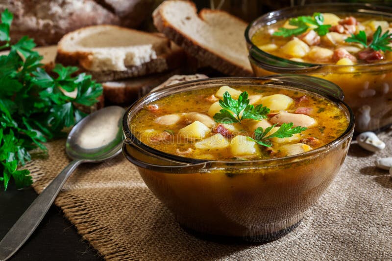 White Bean Soup with Potatoes and Bacon Stock Image - Image of potatoes ...
