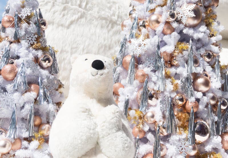 White Bear with Christmas Tree and Snow Fall. Stock Photo - Image of ...