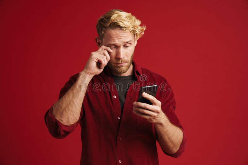 White Bearded Man Crying while Using Mobile Phone Stock Photo - Image ...