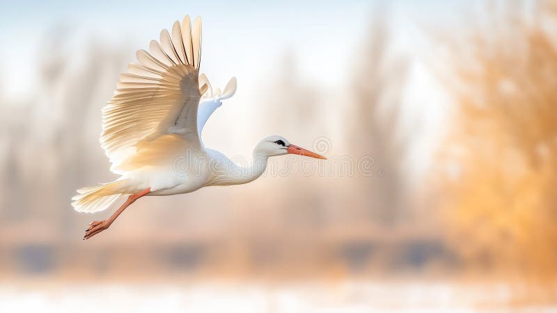 White Beautiful Stork Flying Over the Lake in the Morning Stock ...