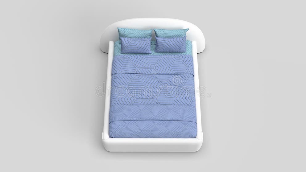 White Bed with Blue Bedspread Top View, White Backdrop from Front Stock ...