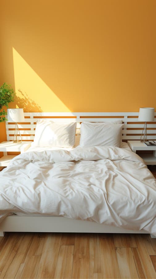 White Bed in a Light Yellow Bedroom, Bathed in Morning Light Stock ...