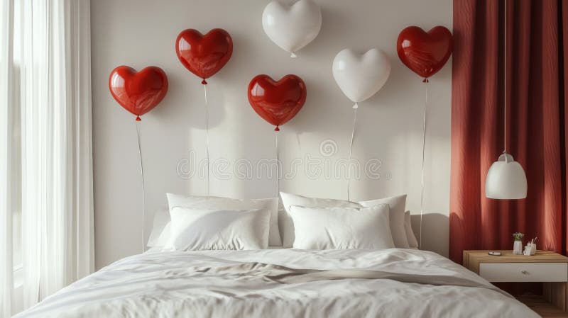 White Bed with Red and White Heart Balloons in a Romantic Room Stock ...