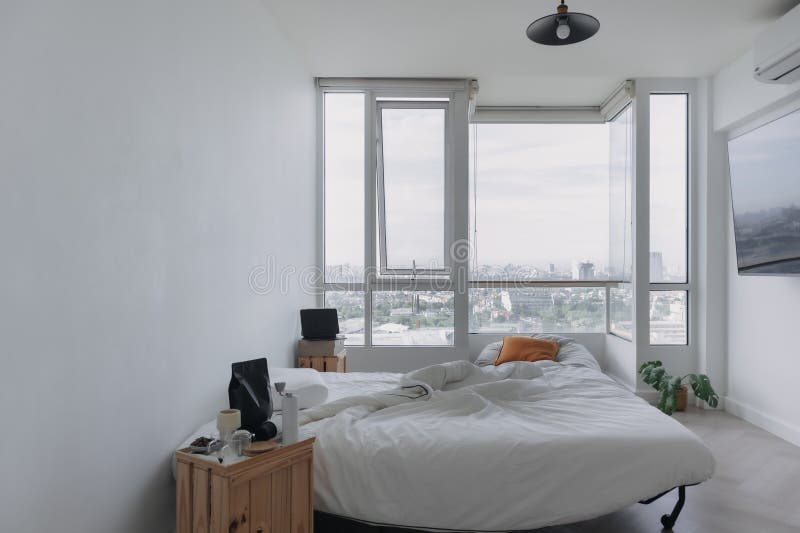 White Bedroom and Coffee Tools Set with Large Windows View. Stock Photo ...