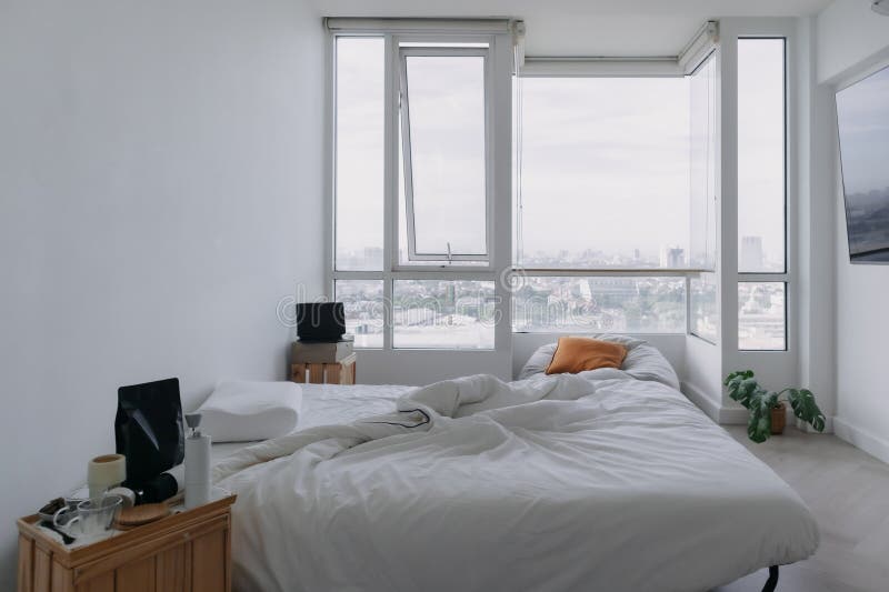 White Bedroom and Coffee Tools Set with Large Windows View. Stock Photo ...