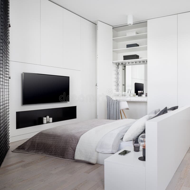 White Bedroom with Dressing Table Stock Photo - Image of door, dressing ...