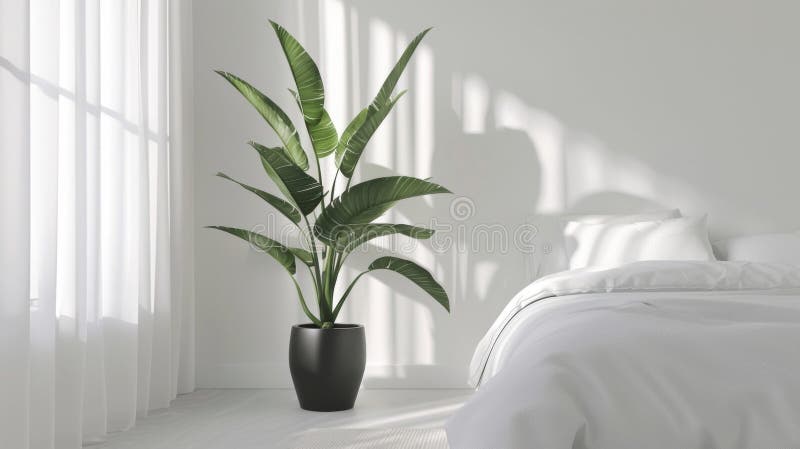 A White Bedroom with a Single Leafy Plant in a Sleek Modern Black Pot ...
