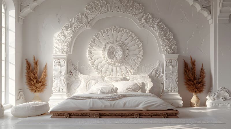 White Bedroom with Three-dimensional Plaster Arch Above the Bed Stock ...