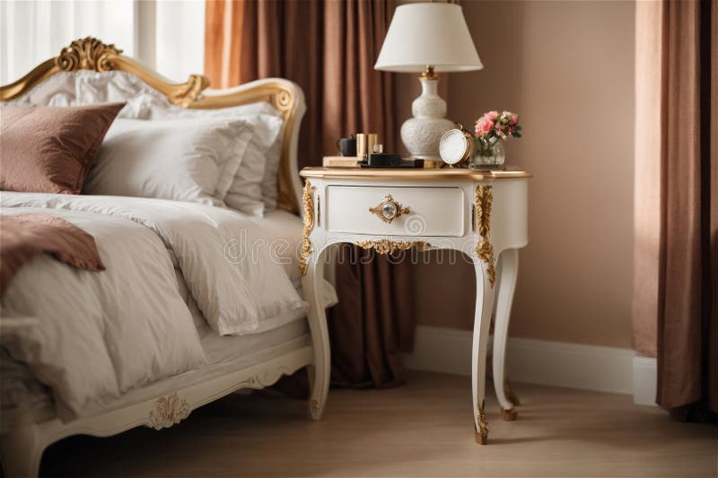A White Bedside Table, a Borroco-style Table in a Bright Bedroom with a ...
