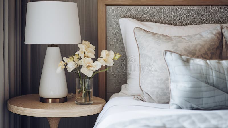 White Bedside Table Near the Bed. on the Bedside Table, There are Items ...