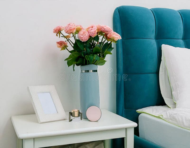 White Bedside Table Near the Bed Against a White Wall with Items Stock ...