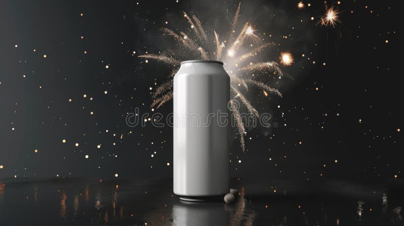 White Beer Can with Fireworks in the Background, a Can of Soda is ...