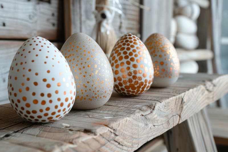 White, Beige, and Brown Painted Ceramic Easter Eggs on a Wood Bench ...