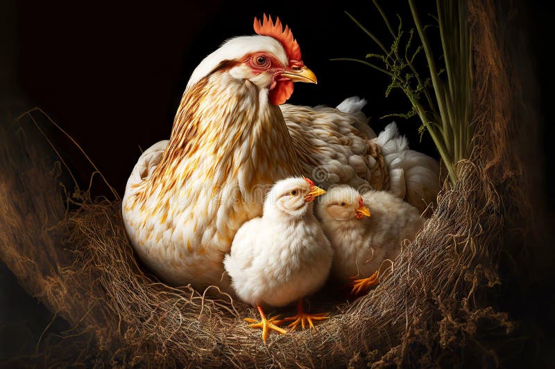 White Beige Chicken Sits in Nest Hugging Its Little Chicks Stock ...