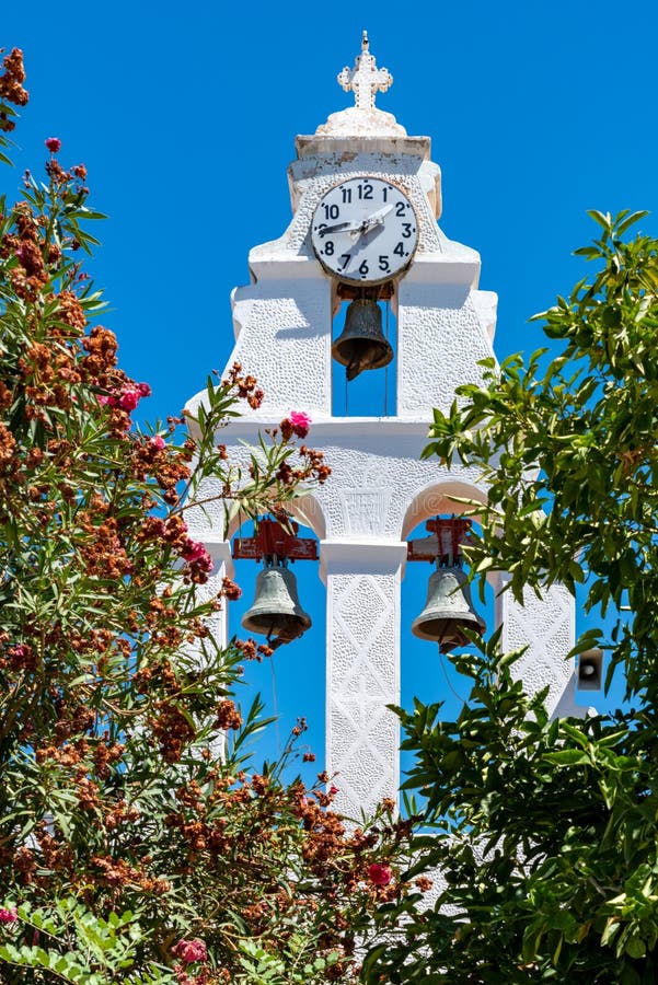 White Belfry with a Clock and Bells Stock Image - Image of church ...